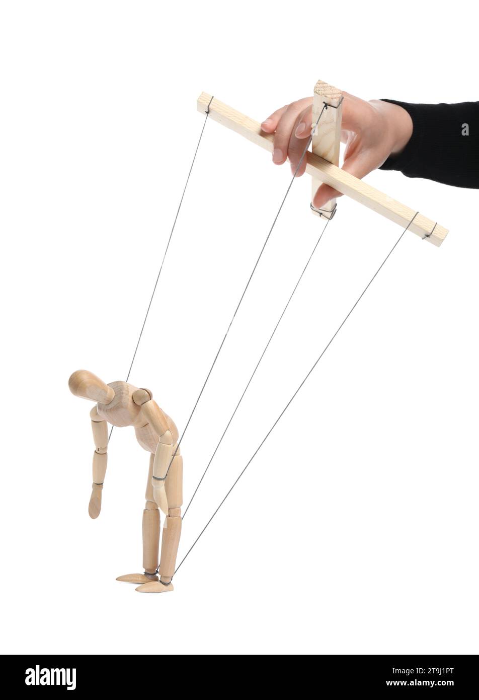 Woman pulling strings of puppet on white background, closeup Stock ...