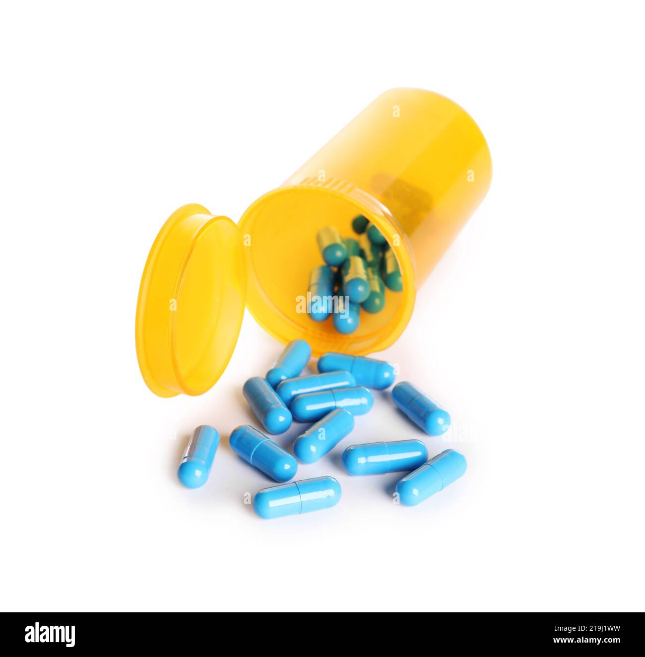 Plastic container with many light blue pills isolated on white Stock ...