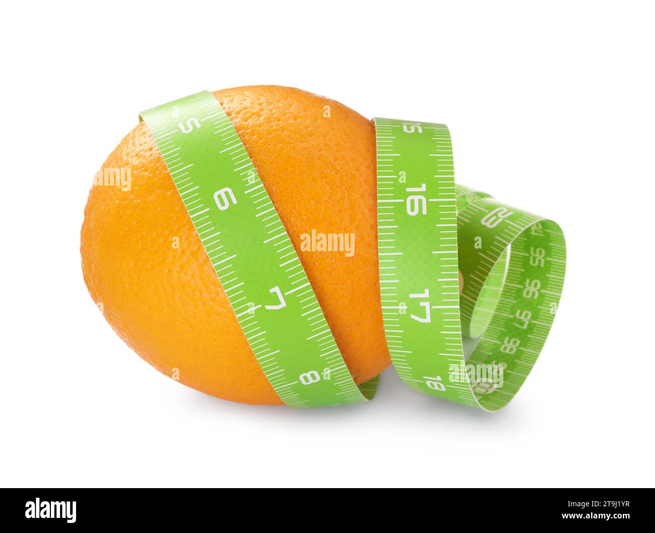 Cellulite problem. Orange with measuring tape isolated on white Stock ...