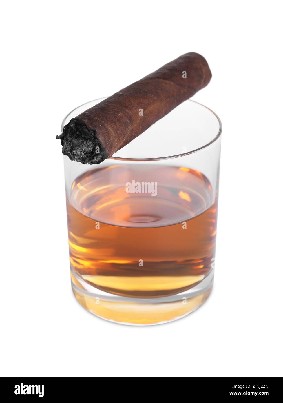 Glass of whiskey and burnt cigar isolated on white Stock Photo - Alamy