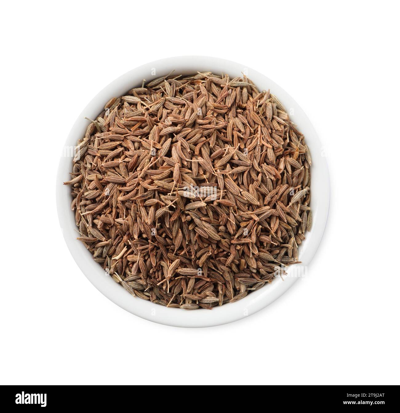 Bowl of aromatic caraway (Persian cumin) seeds isolated on white, top ...