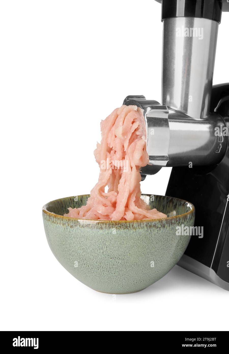 Electric meat grinder with chicken mince and bowl isolated on white ...