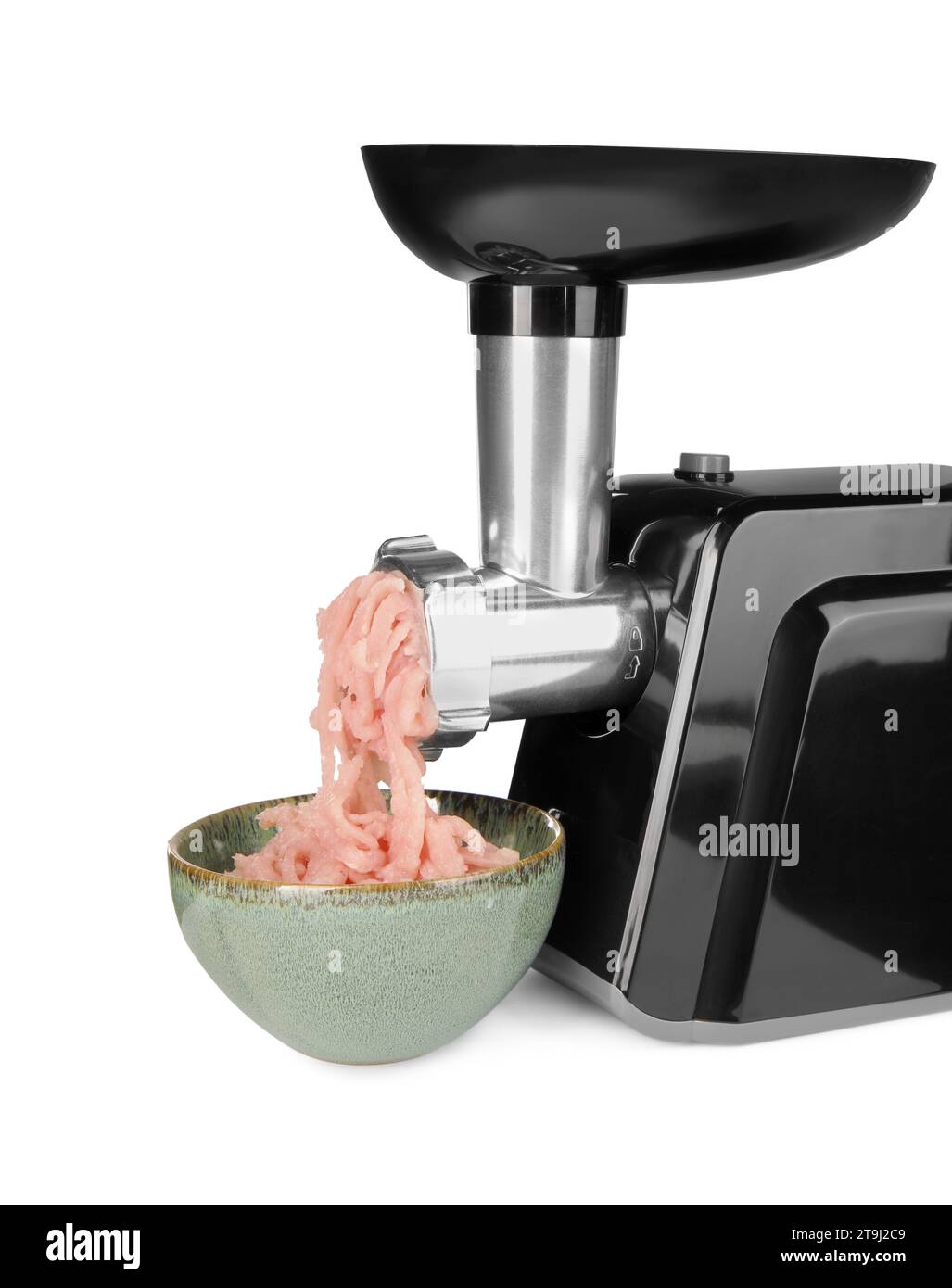 Electric meat grinder with chicken mince and bowl isolated on white ...