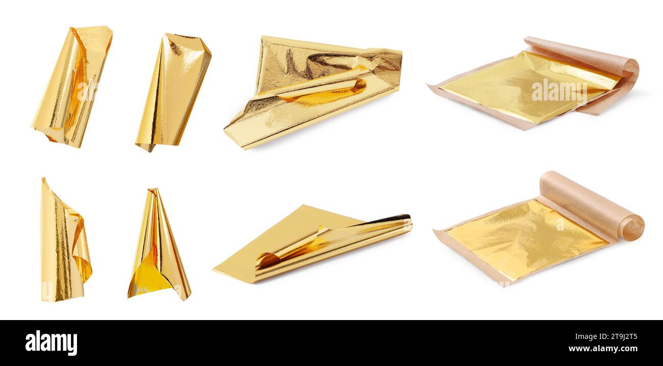 Edible gold leaf sheets isolated on white, set Stock Photo - Alamy