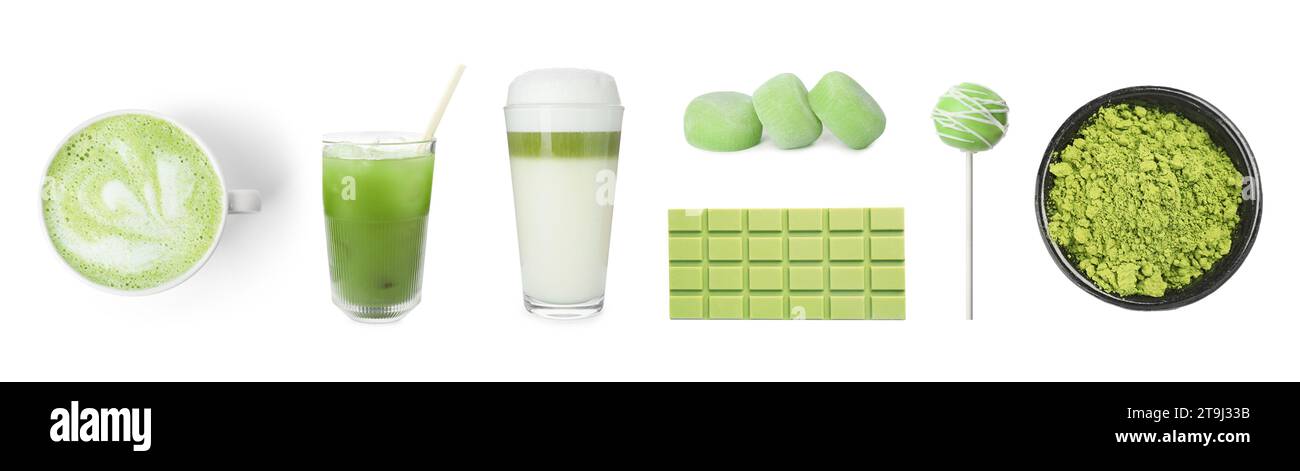 Matcha tea products and drinks isolated on white, collection Stock ...