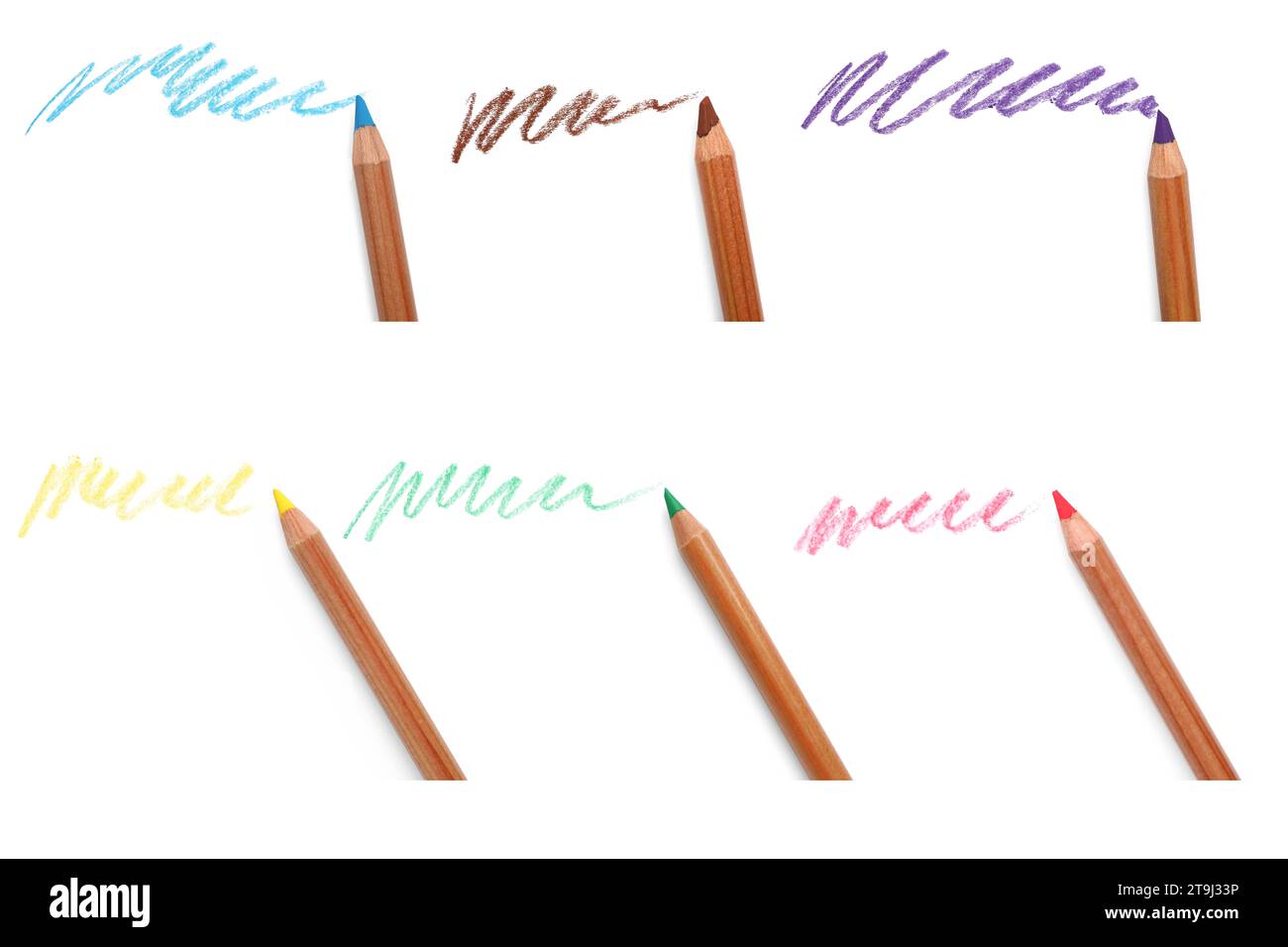 Colorful pastel pencils and scribbles on white background, top view ...