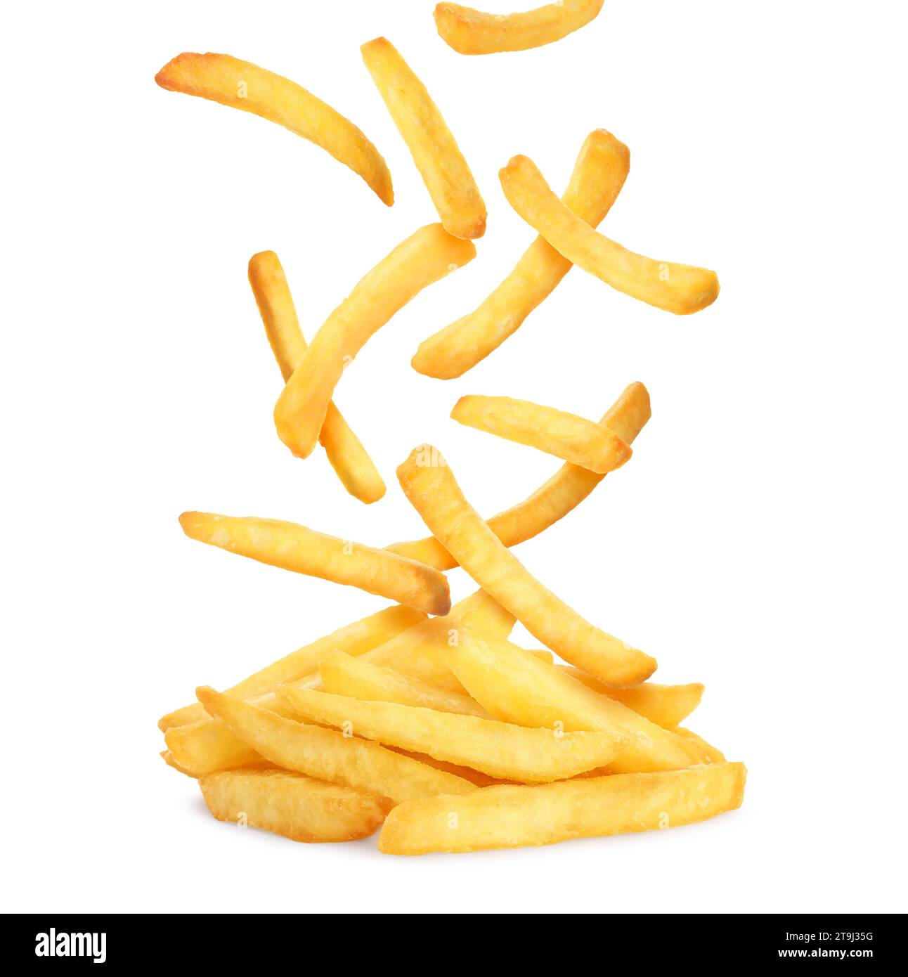Tasty French fries falling into pile on white background Stock Photo ...