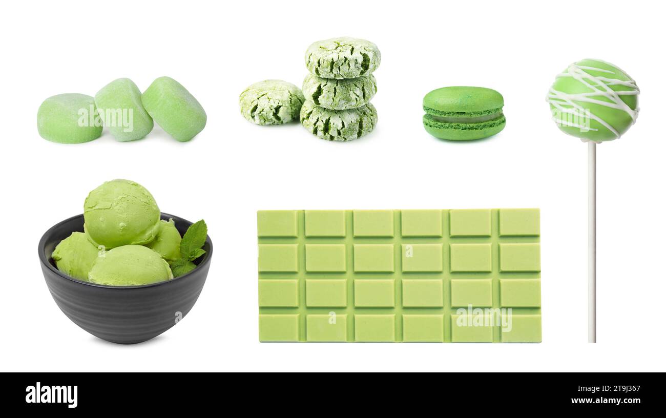 Matcha tea products, collection. Ice cream, chocolate, cookies, cake ...