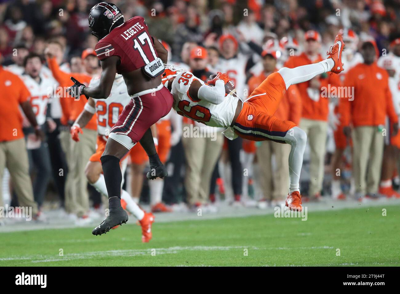 Clemson safety Khalil Barnes (36) intercepts a pass intended for South ...