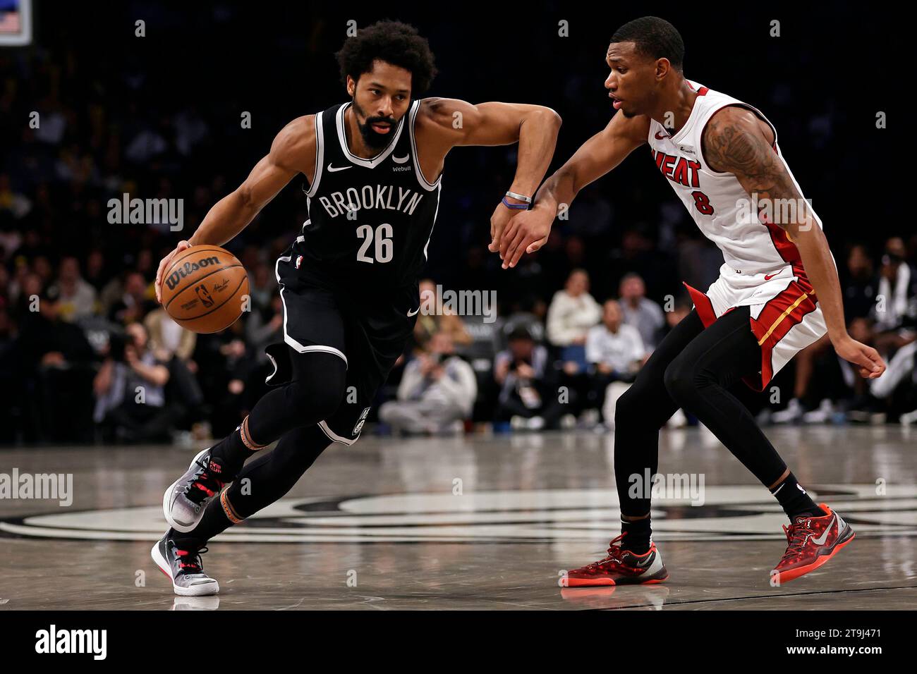 Brooklyn Nets guard Spencer Dinwiddie drives past Miami Heat forward ...
