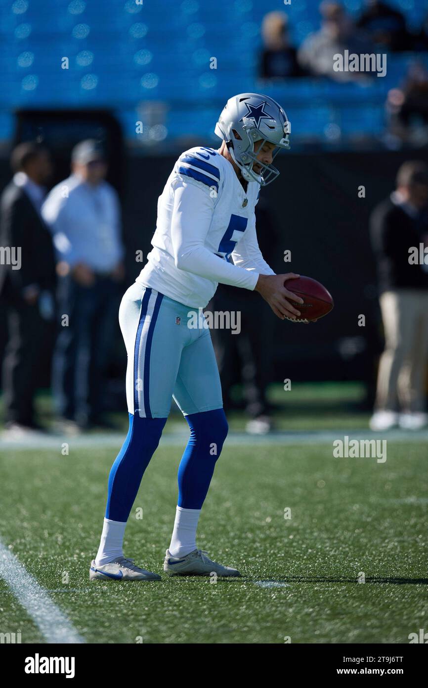 Dallas Cowboys punter Bryan Anger (5) warms up prior to an NFL football ...