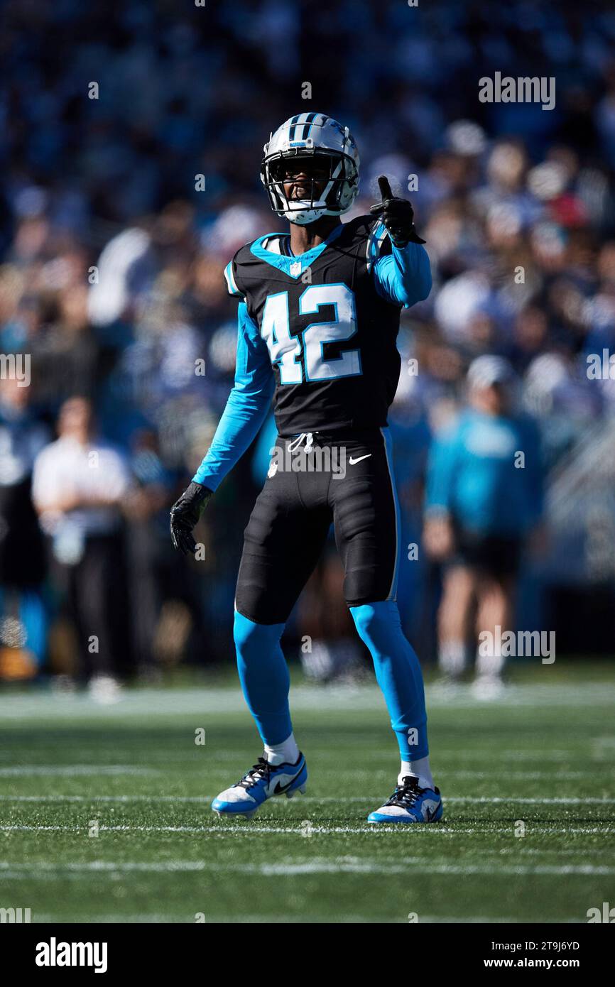 Carolina Panthers safety Sam Franklin Jr. (42) gives a thumbs up sign ...