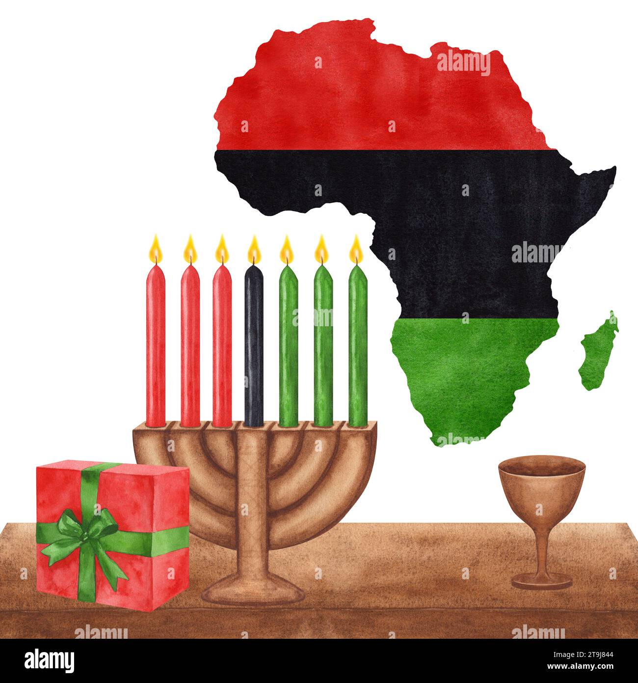 Postcard template for Kwanzaa. Kinara, seven burning candles, cup, gift ...
