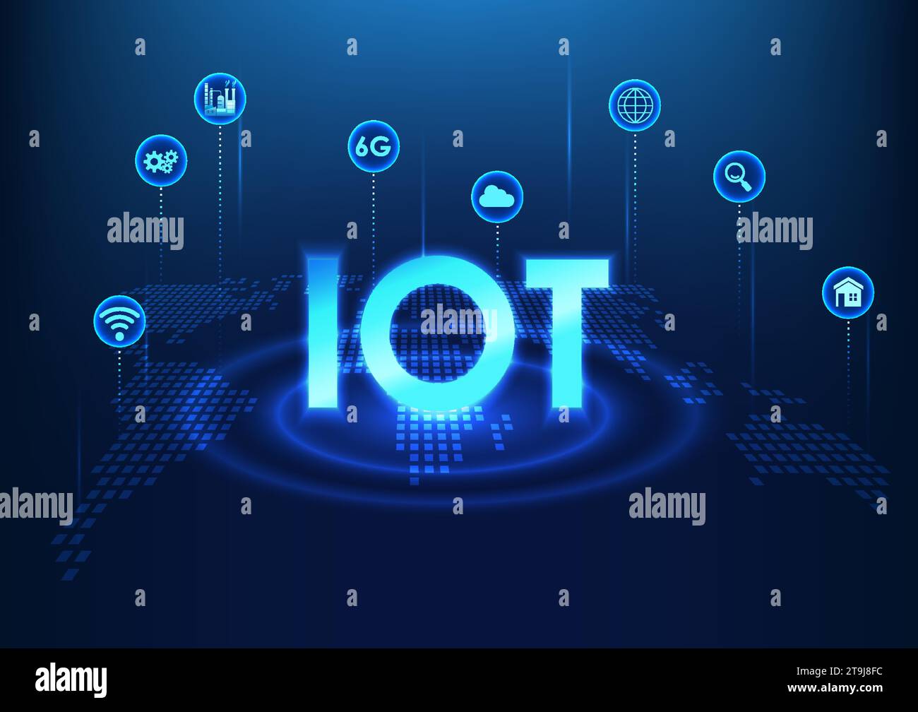 Internet of Things technology IoT is placed on the world map with icons ...