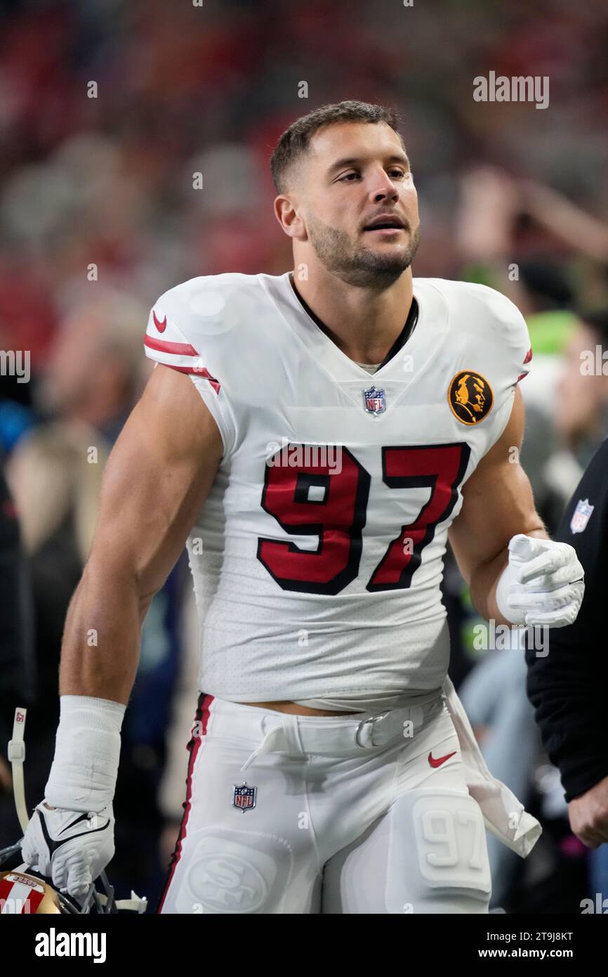San Francisco 49ers defensive end Nick Bosa (97) looks on before an NFL ...