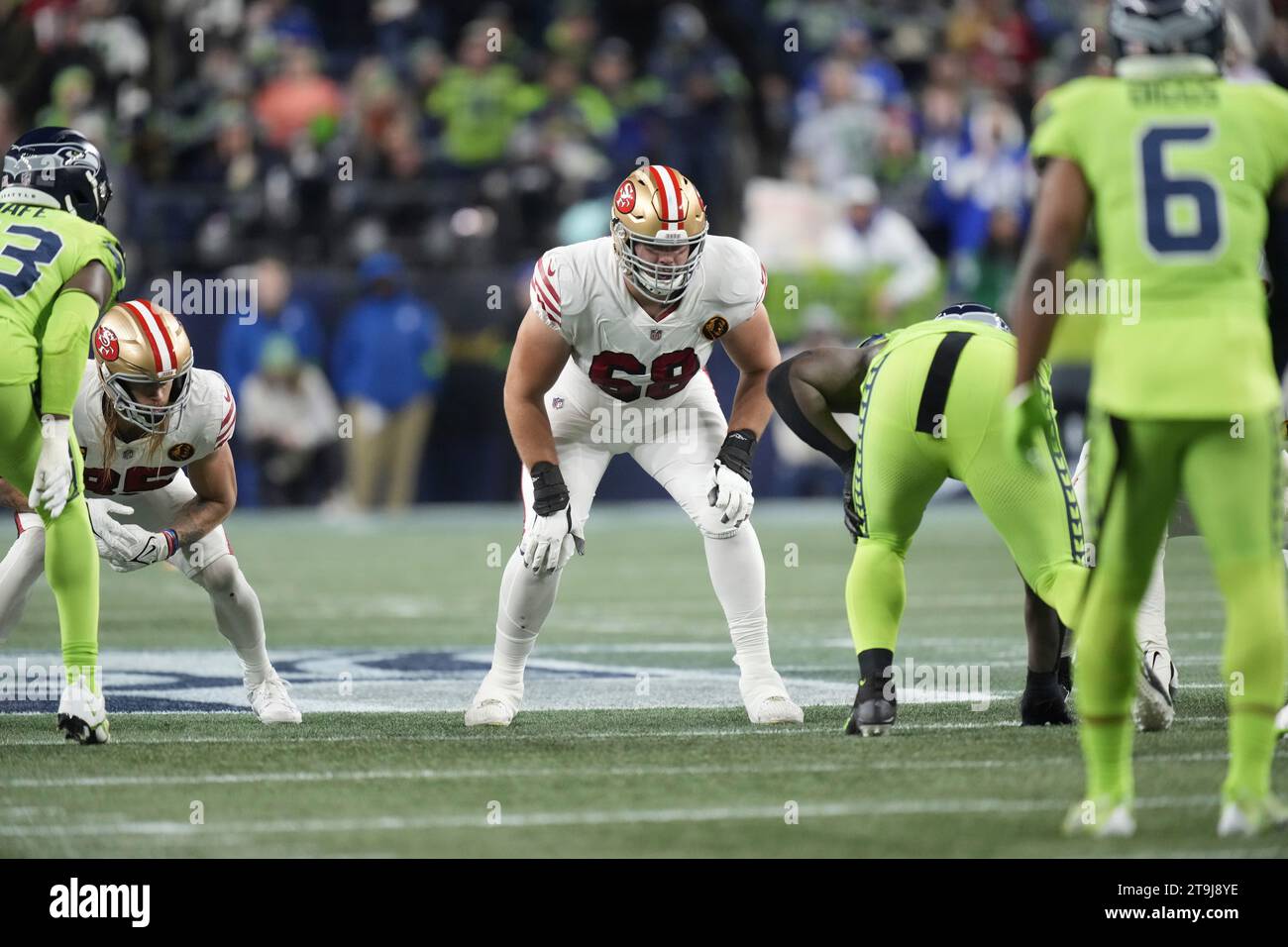 San Francisco 49ers offensive tackle Colton McKivitz (68) gets set ...