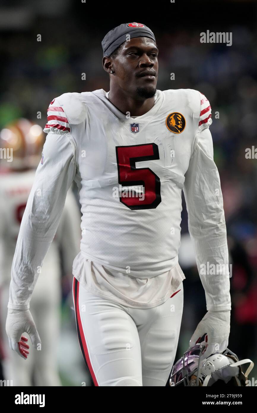 San Francisco 49ers linebacker Randy Gregory (5) looks on during an NFL ...
