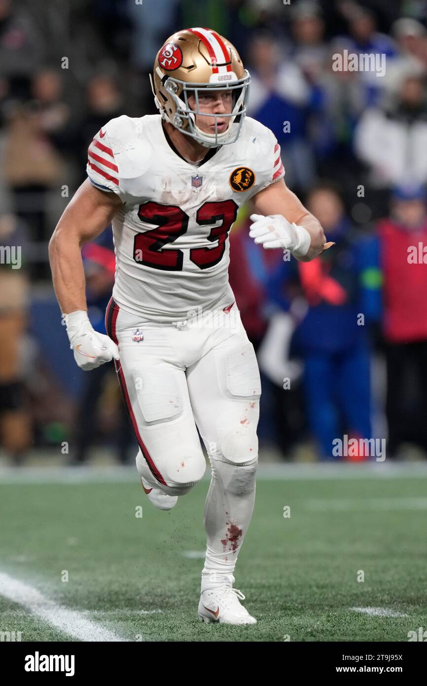 San Francisco 49ers running back Christian McCaffrey (23) runs down the ...