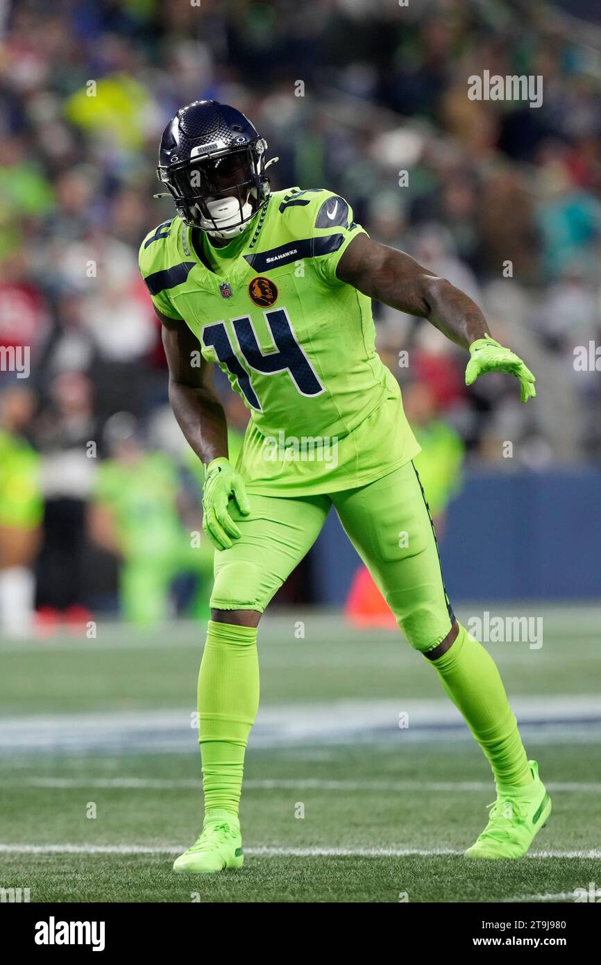 Seattle Seahawks wide receiver DK Metcalf (14) gets set during an NFL ...