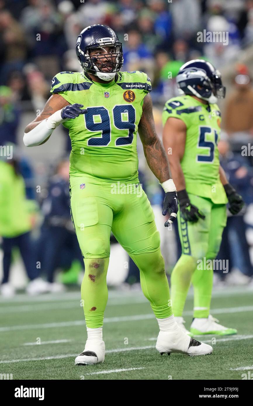 Seattle Seahawks defensive end Leonard Williams (99) looks on during an ...