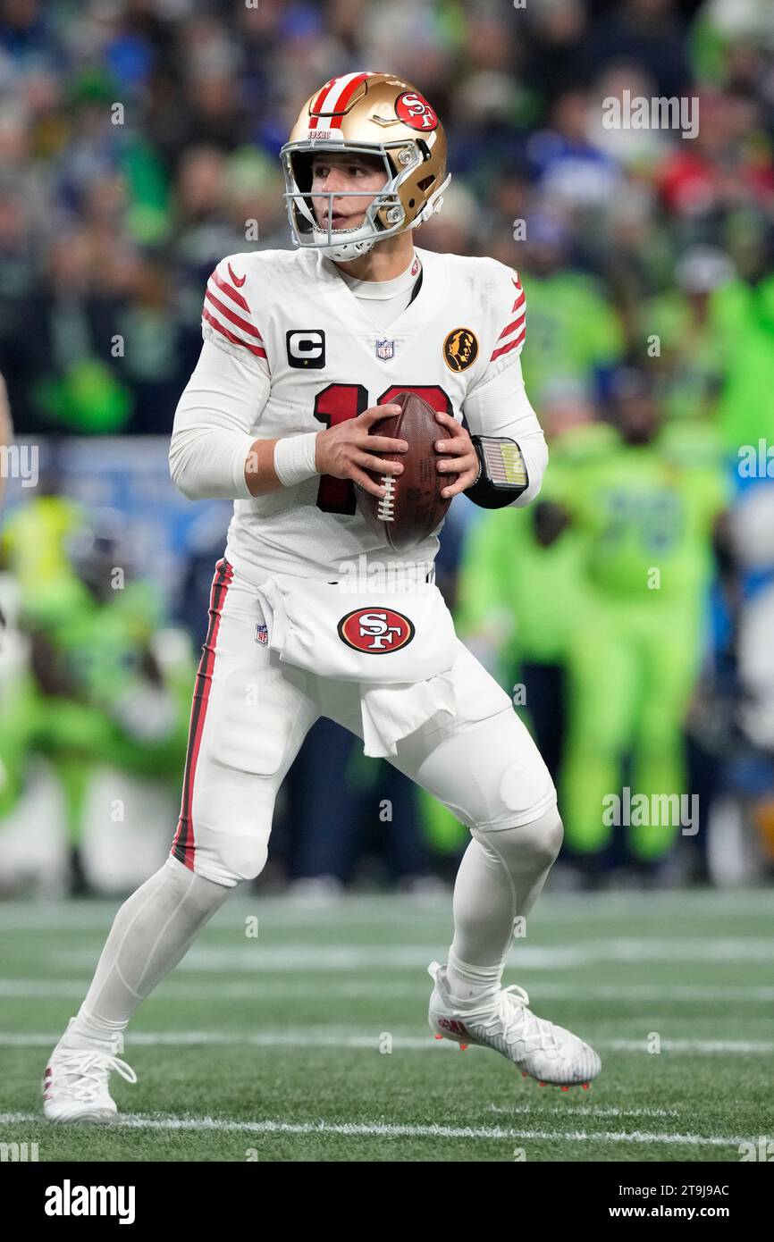 San Francisco 49ers quarterback Brock Purdy (13) steps back to pass ...