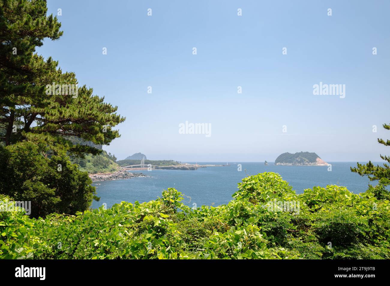 View of Seogwipo port Saeyeongyo Bridge and Munseom Island in Jeju ...