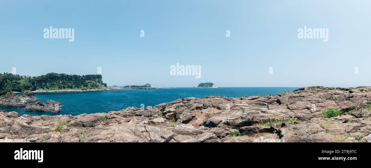 View of Seogwipo port Saeyeongyo Bridge and Munseom Island in Jeju ...
