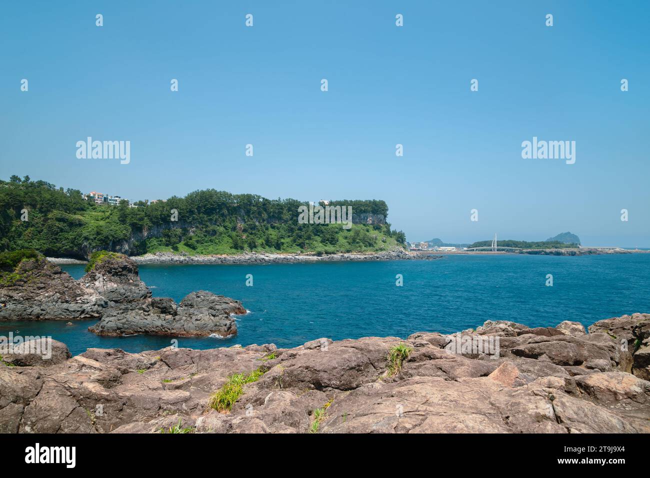 View of Seogwipo port Saeyeongyo Bridge and sea in Jeju Island, Korea ...