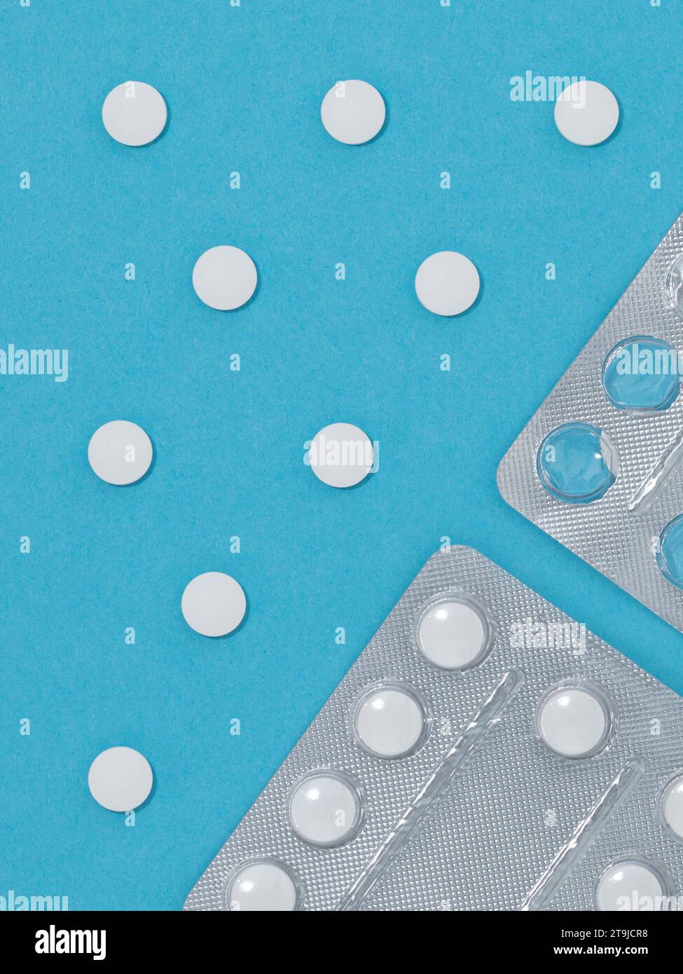 Pharmacy healthcare pattern - pills, silver antibiotic on blue, top ...