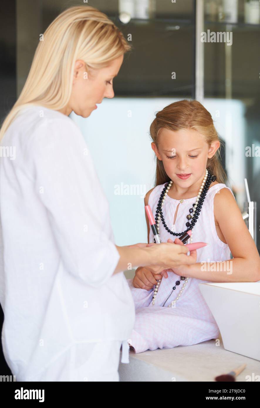 Mother, child and choice for makeup, beauty and decision on cosmetic ...
