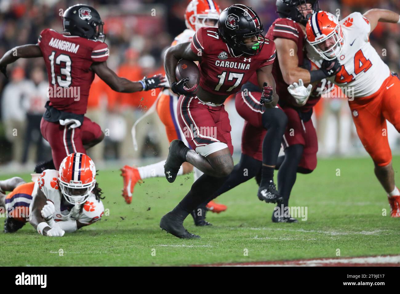South Carolina wide receiver Xavier Legette (17) returns a kickoff ...