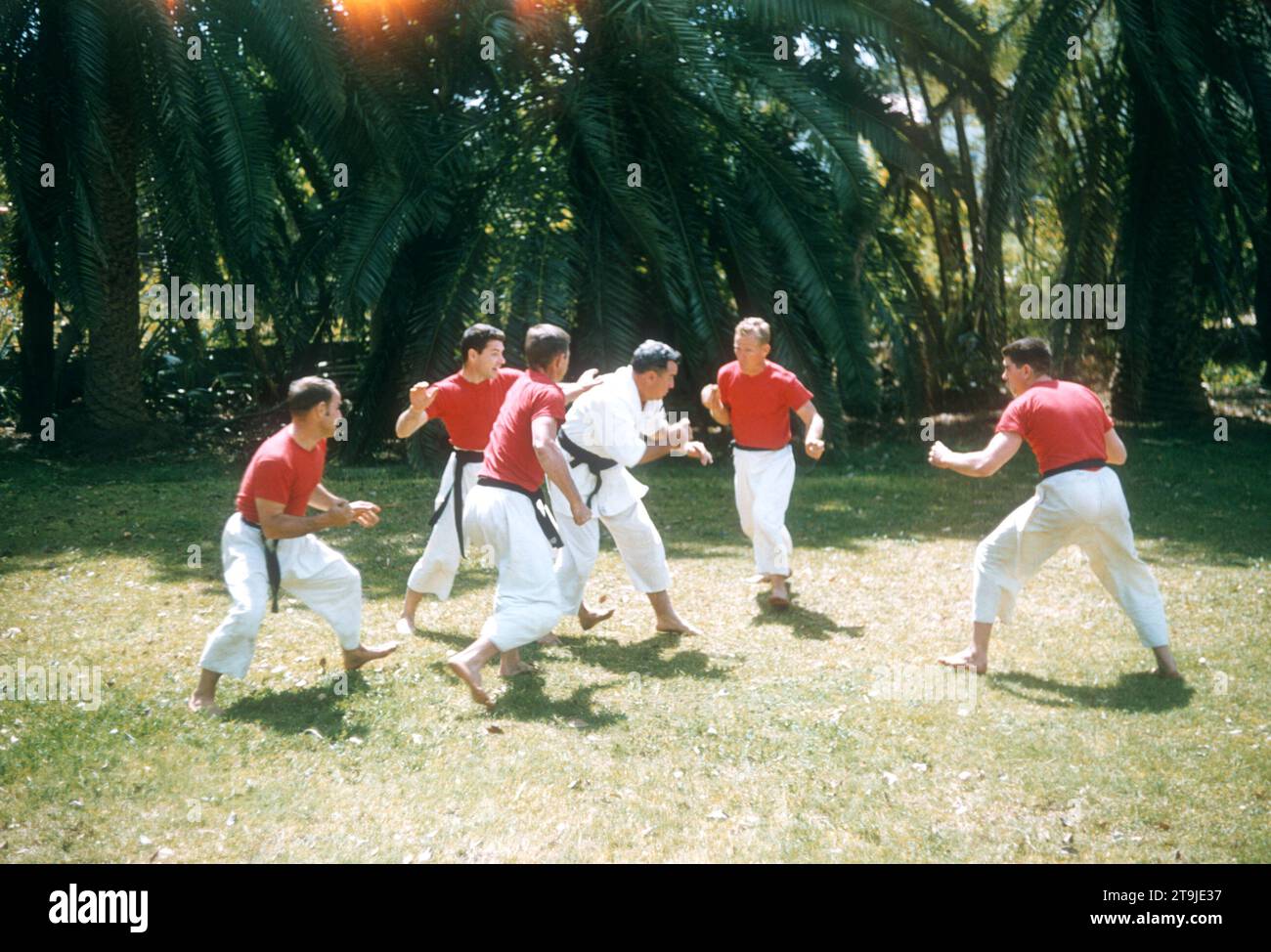 1958: A group of men from the United States karate team practice their ...