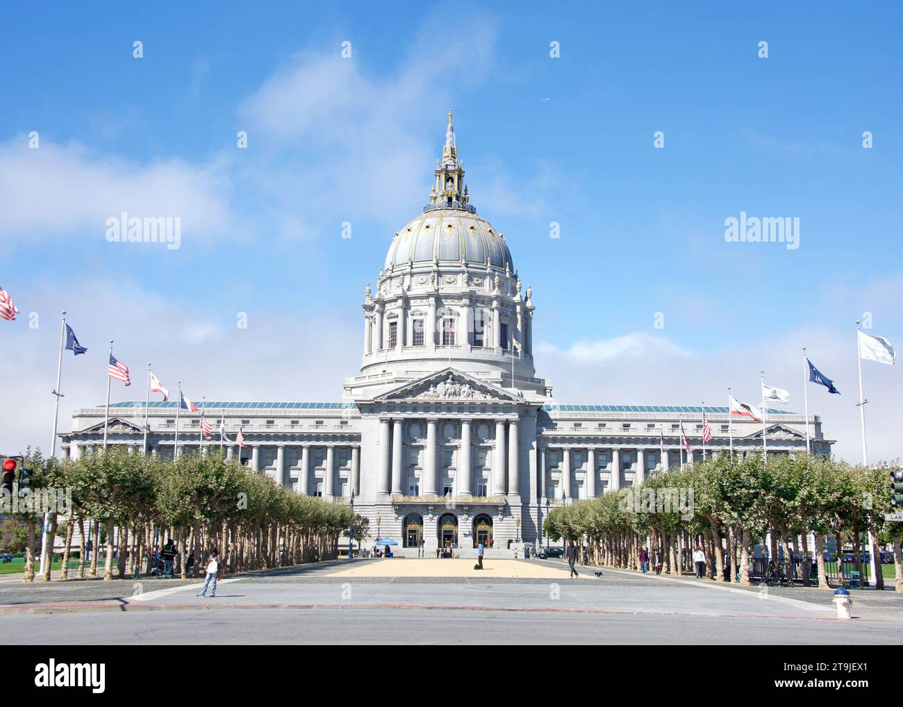 San Francisco, CA - August 25, 2022: Civic Center, City Hall with blue ...