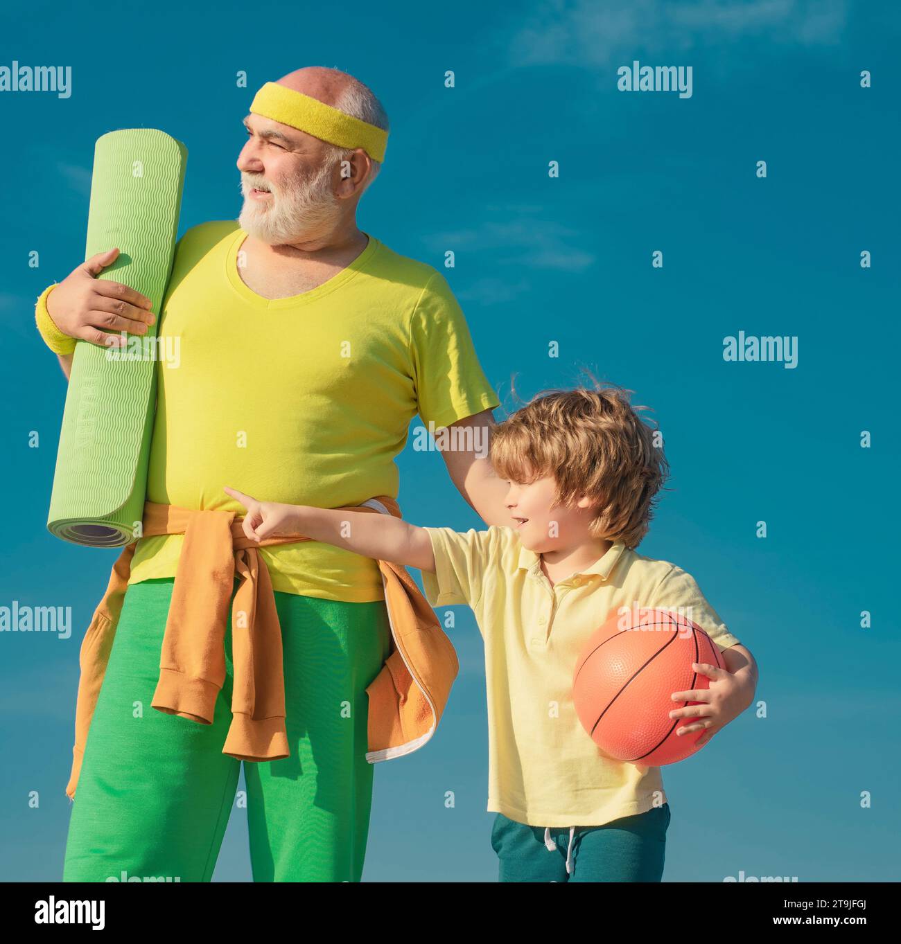 Happy loving family. Sportsman grandfather and healthy kid with ...