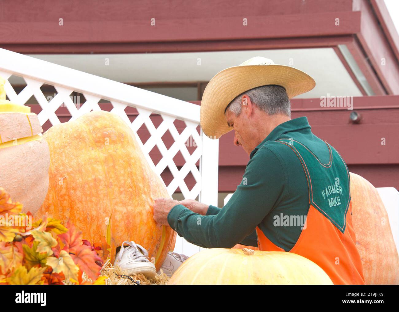Half Moon Bay, CA - Oct 15, 2022: Farmer Mike carving pumpkins at the ...