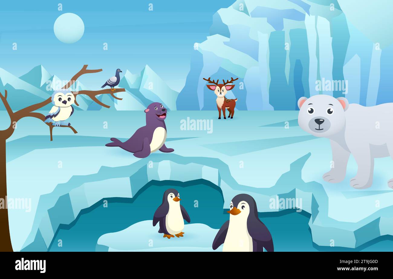 Antarctic scene with many animals . Vector Stock Vector Image & Art - Alamy