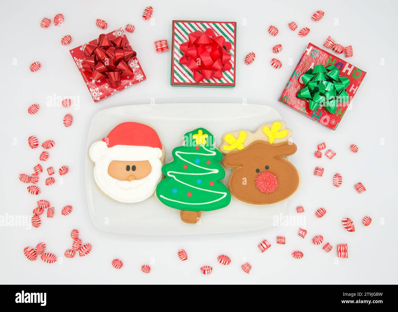 Top view flat lay of fancy decorated sugar cookies in Christmas shapes ...
