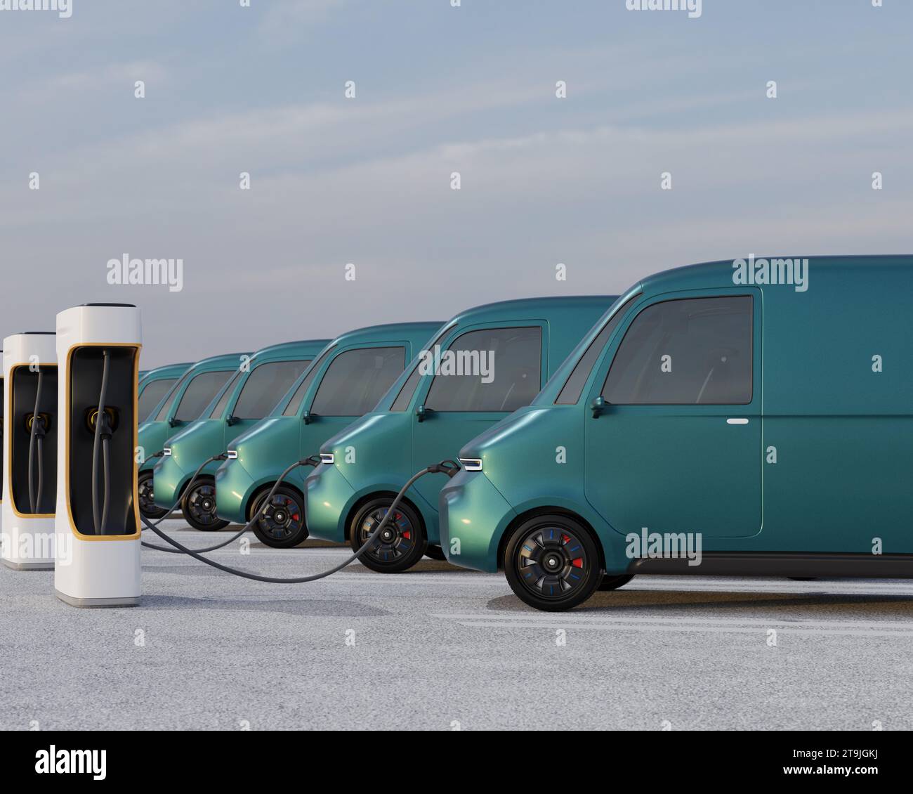 Fleet of Electric Delivery Vans charging in charging station. Generic ...
