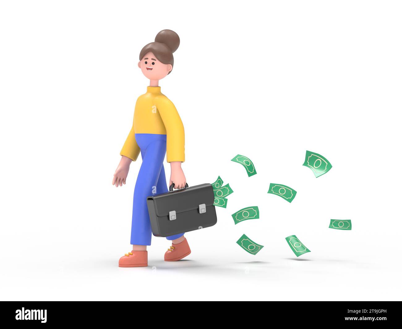 3D illustration of smiling Asian woman Angela with a full briefcase of ...