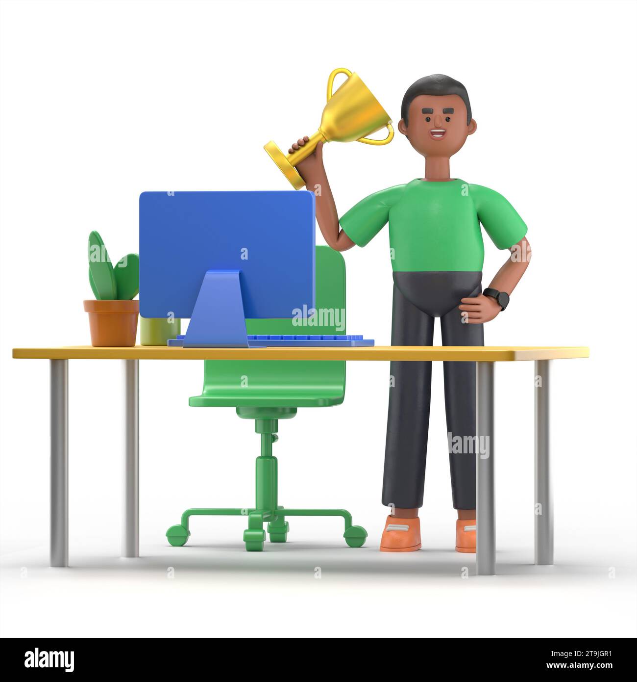 3D illustration of handsome afro man David with trophy, award ...