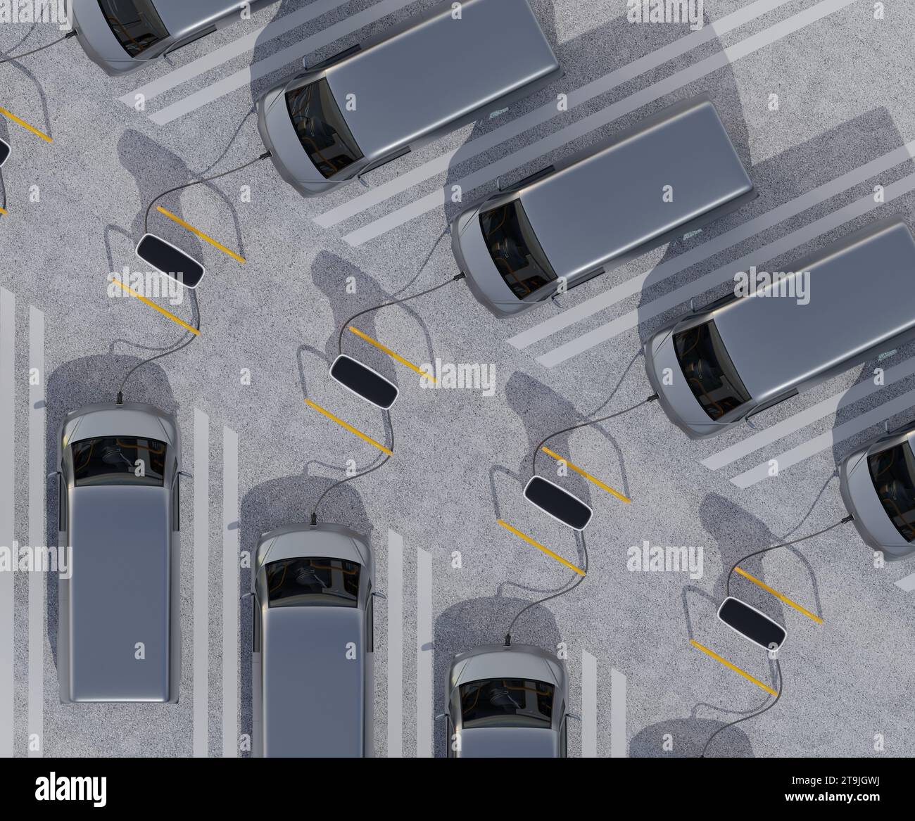 Top view of Electric Delivery Vans charging in charging station ...