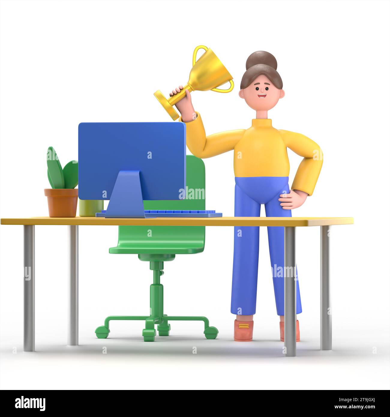 3D illustration of smiling Asian woman Angela with trophy, award ...