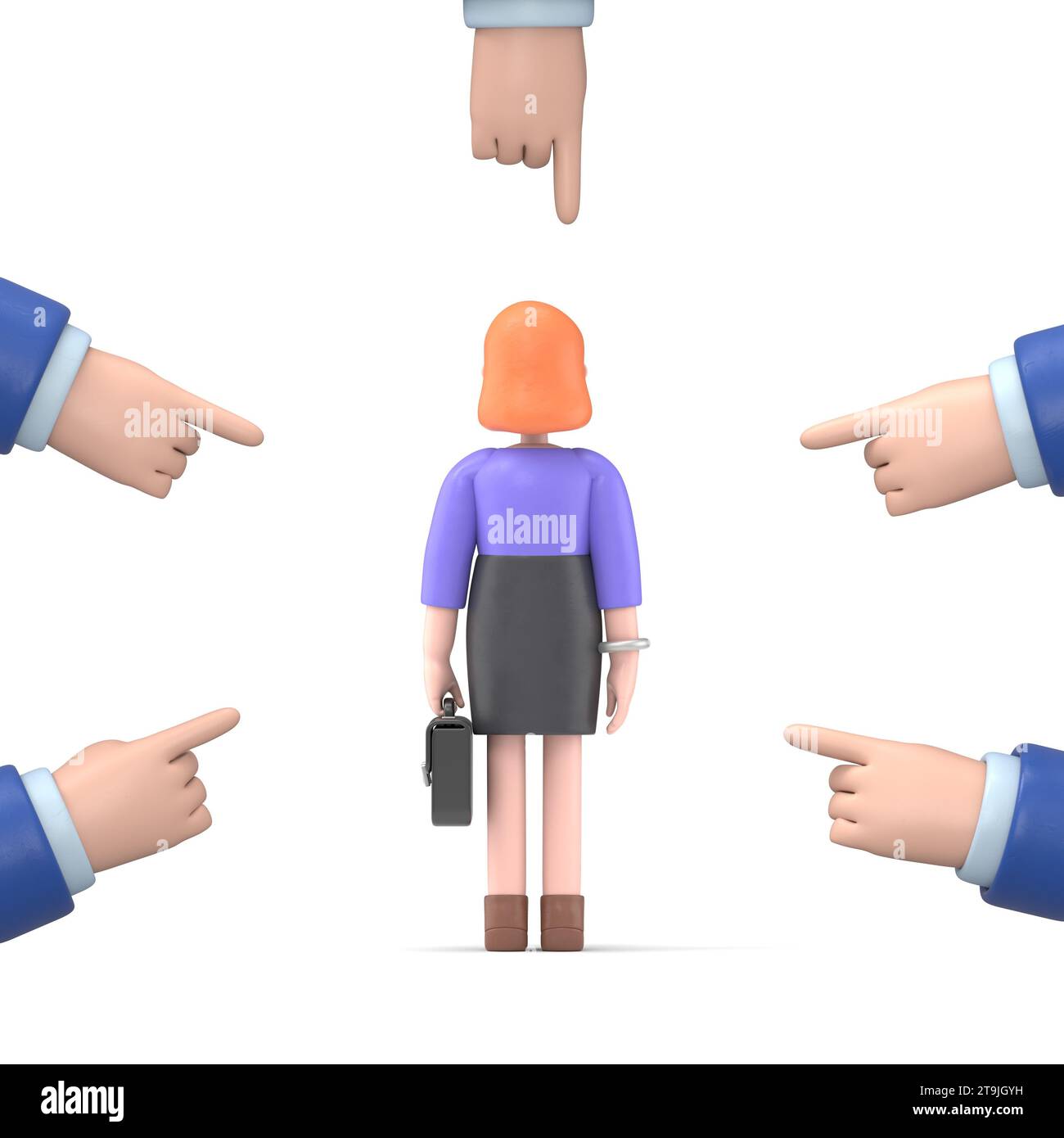 3D illustration of smiling European businesswoman Ellen.Accusation ...
