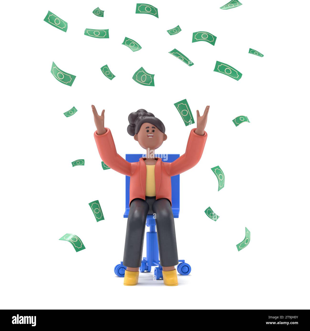3D illustration of african woman Coco celebrates success sitting in an ...