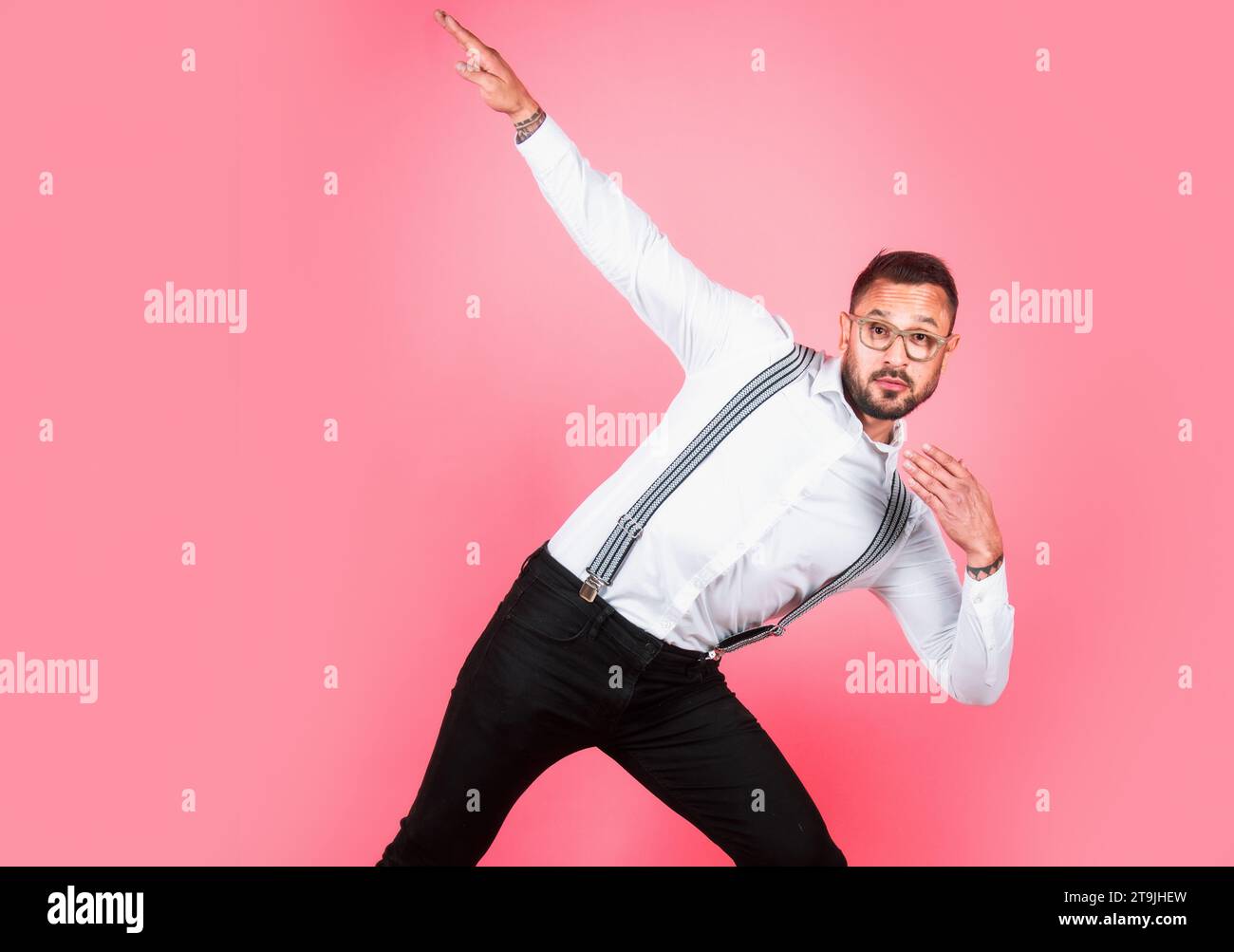 Funny male model with win gesture celebrate success. Portrait of funny ...