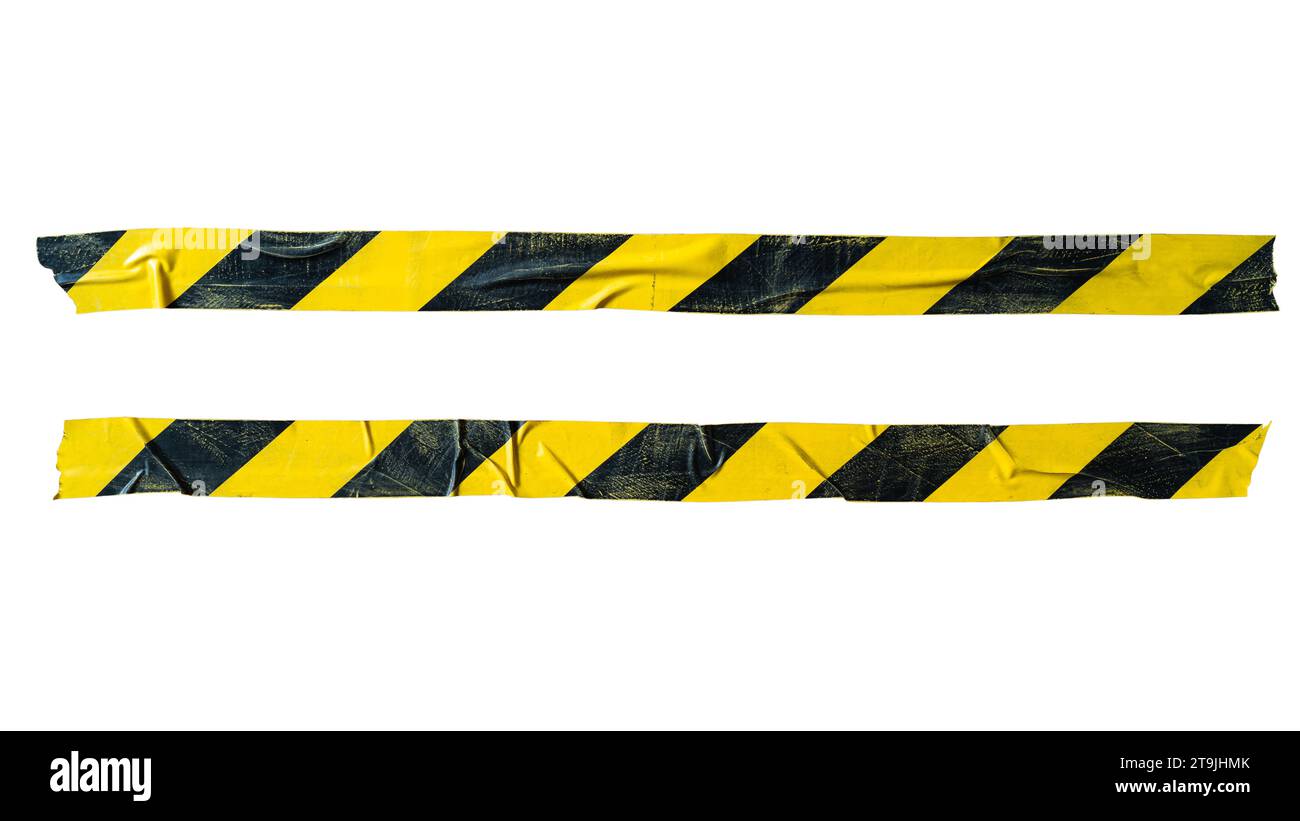 Distressed yellow and black barricade tape on white background with ...