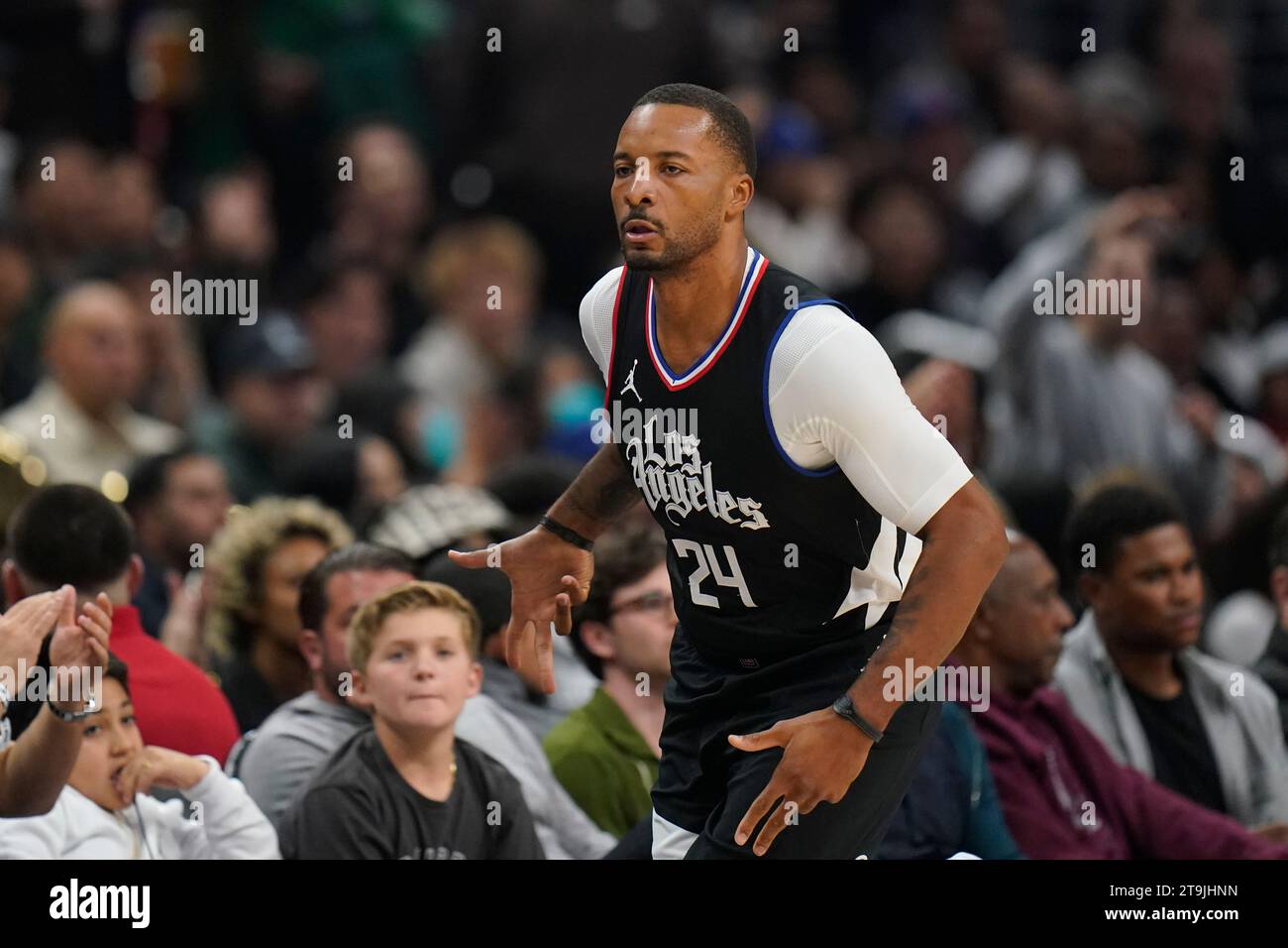 Los Angeles Clippers' Norman Powell celebrates his three-point basket ...