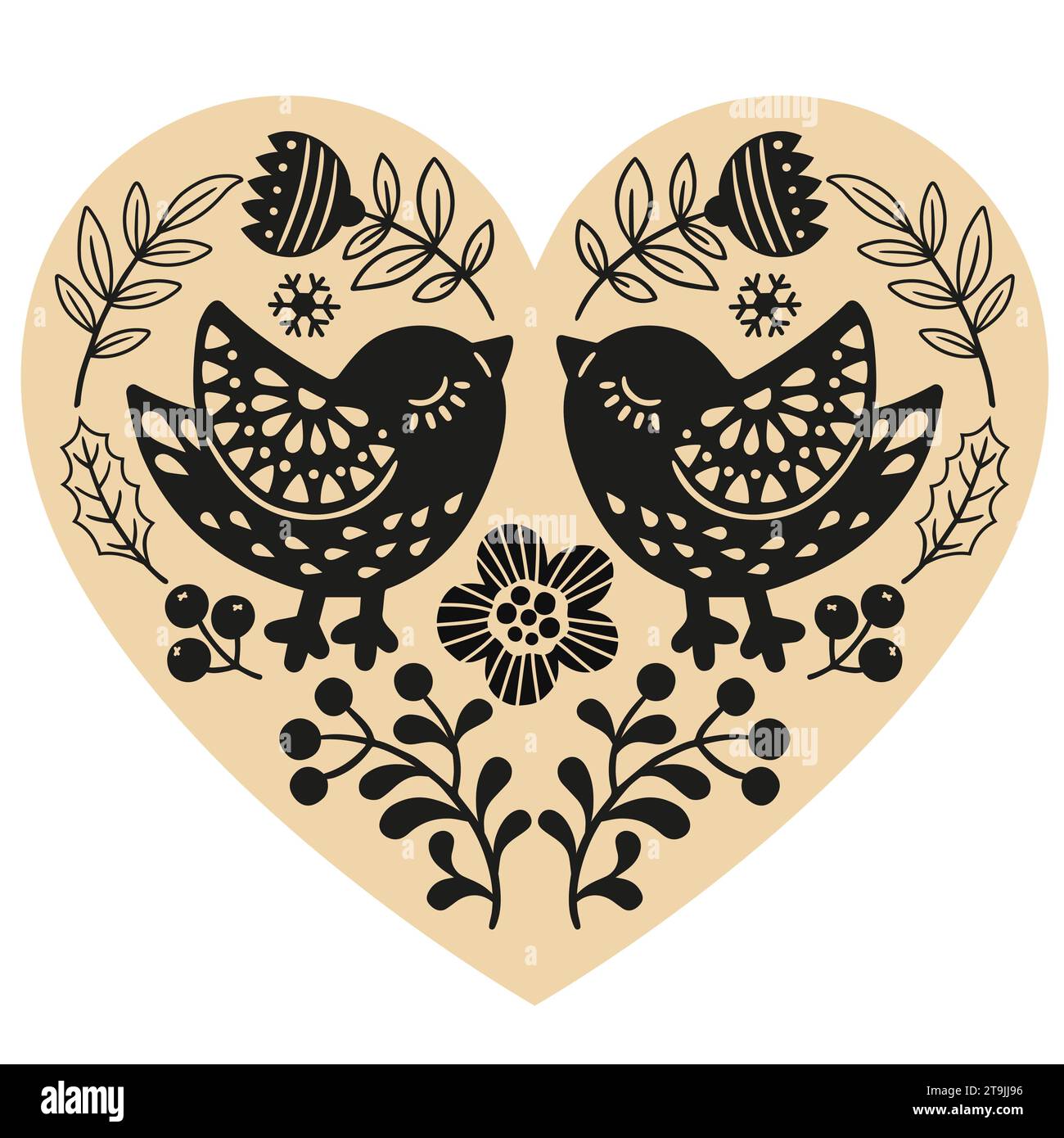 Vector hand drawn illustration of birds in folk style. Silhouettes of ...