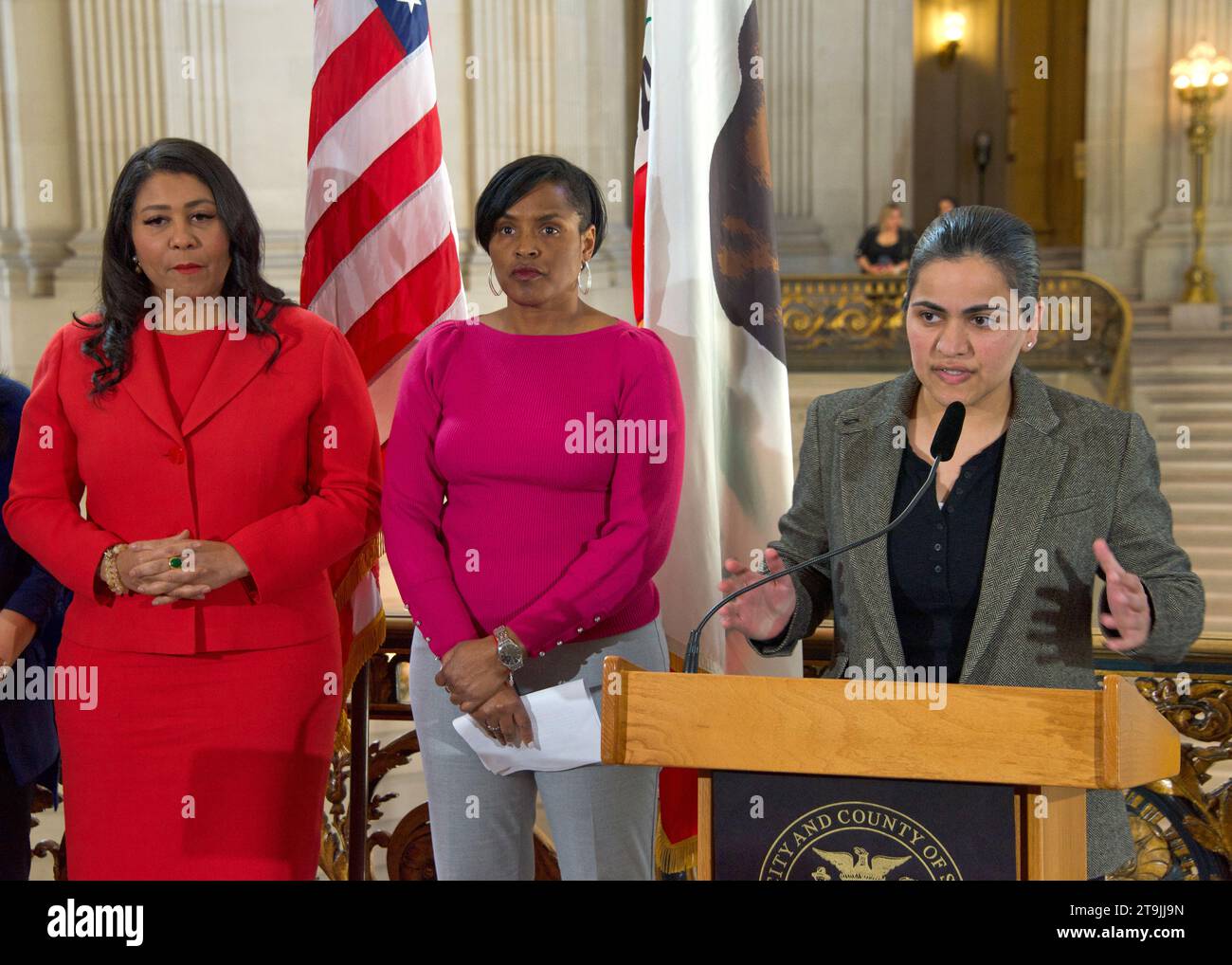 San Francisco, CA - Jan 25, 2023: Senator Aisha Wahab speaking at a ...