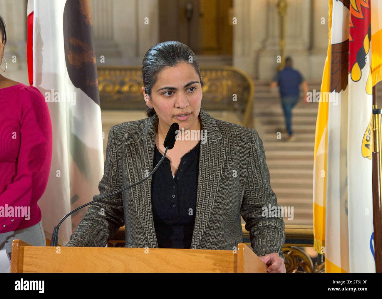 San Francisco, CA - Jan 25, 2023: Senator Aisha Wahab speaking at a ... San Francisco, CA - Jan 25, 2023: Senator Aisha Wahab speaking at a ...
